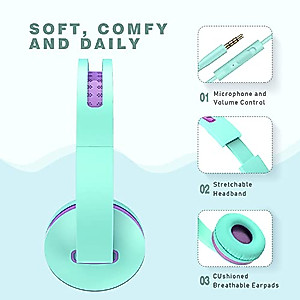 Kids Headphones for School, Volume Control Foldable&Adjustable On-Ear Headphones for Kids Boys Girls, 3.5mm Jack Stereo Wired Headphones for Phone, Tablet, Kindle, School/Travel Mint