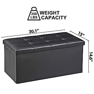SUPER DEAL Leather Storage Ottoman Bench 30 Inches Folding Footrest with Padded Seat Large Toy Sotrage Chest Long Box for Livingroom Bedroom Entryway, 30"x15"x15", Black