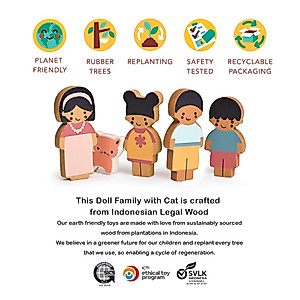 Mentari Toys - Doll Family with Cat - 5pc Multicultural Solid Wood Doll Set with Playful Kitten - Perfectly Sized for Little Hands - Encourages Imaginative Play and Social Skills - Age 12m+