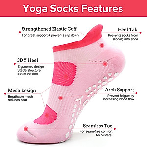 Busy Socks Trampoline Yoga Grip Socks for Women Non Slip, Pilates Althletic Moisture Wicking Slipper Socks for Kickboxing,2 Pairs,Pink