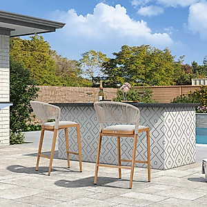 PURPLE LEAF Counter Height Bar Stool Set of 2 Outdoor Stool Chair with Backrest and Cushion Patio Bar Height Stools Wicker Barstools for Kitchen Light Brown Counter Stool