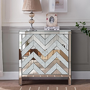 LUMISOL Silver Mirrored Cabinet, Modern Sideboard Cabinet for Entryway Living Room, Floor Cabinet with Crystal Design Handle, Accent Cabinet, Silver White