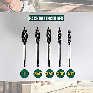 CORTOOL Auger Drill Bit for Wood,1/2", 5/8", 3/4" and 1" Inch Size with Quick Change Hex Shank 5-Piece Drill Bit Set for Wood