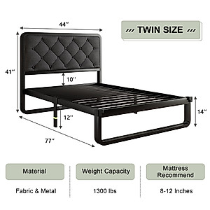 Feonase Twin Size Bed Frame, Upholstered Platform Bed Frame with Heavy-Duty Metal Steel Slats, Diamond Linen Headboard, 12" Storage Space, No Box Spring Needed, Noise Free, Easy Assembly, Dark Gray