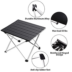 Tesouro Portable Camping Table,Folding Side Table Aluminum Top for Outdoor Cooking, Hiking, Travel, Picnic (Small, Black)