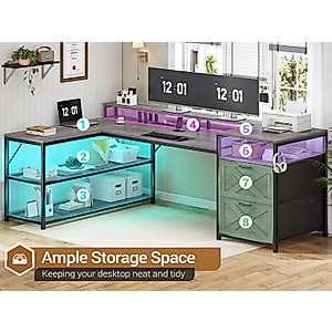 SEDETA 67" L Shaped Desk with Drawers, Computer Office Desk with Storage Shelves & Power Outlet, Reversible Gaming Desk with LED Lights for Home Office, Grey
