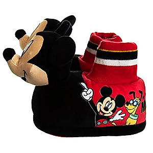Disney Mickey Mouse Boys Slippers - Plush Lightweight Warm Comfort Soft Aline House Kids Shoes Slippers - 3D Black/Red (size 9-10 Toddler)