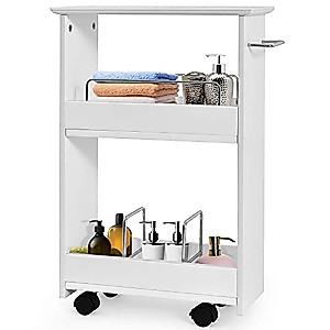 ARLIME 3 Tier Bathroom Storage Cart, Wooden Rolling Storage Cabinet w/ Towel Rack and Side Handle, Lockable Wheel, Side Storage Organizer for Bathroom Kitchen Laundry