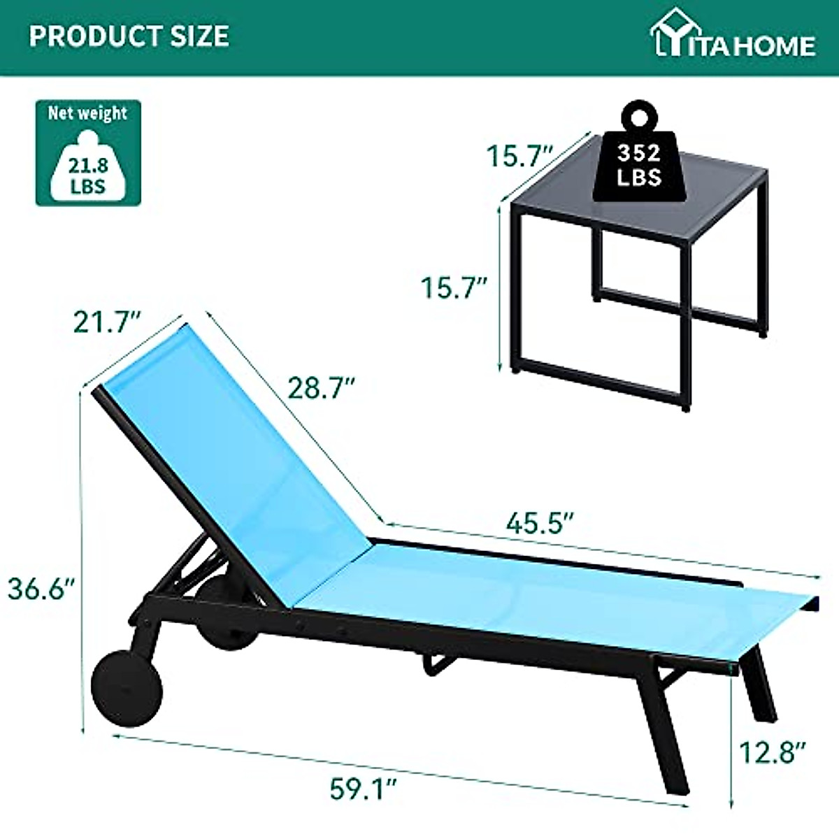 YITAHOME Outdoor Chaise Lounge Chairs Set with Side Table, Adjustable Backrest Poolside Loungers with Aluminum Frame/Textilene Fabric/Wheels for Pool Beach Patio Lawn Porch (Blue)