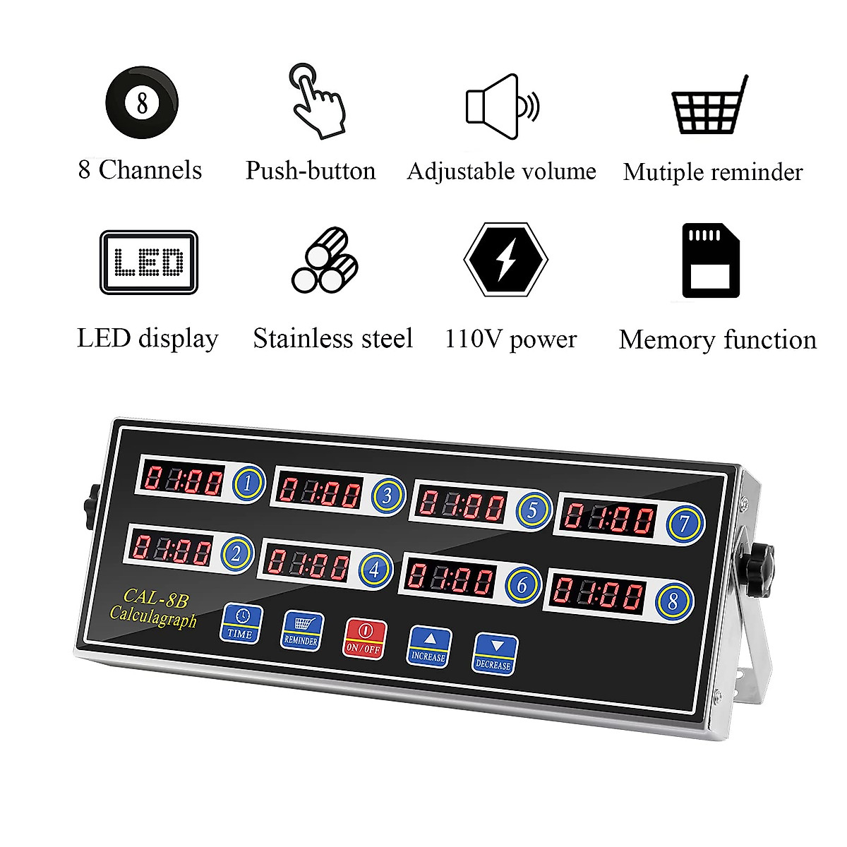 S2SQURE Restaurant Digital Kitchen Timer | 8-Channel | Led Loudly | 8-Group Food Timer | Independent Count Down | Stainless Steel | for Pizza Coffee Fast Food Fries Cooking