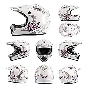 TCMT DOT Certified Youth Pink Butterfly Dirt Bike ATV Offroad Street Motorcycle Motocross Helmet Goggles Gloves (L)