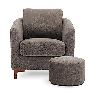 COLAMY Sherpa Accent Chair with Storage Ottoman Set, Upholstered Arm Chair with Footrest, Modern Living Room Chair with Back Pillow and Wooden Legs for Bedroom, Corner, Reading Nook, Brown