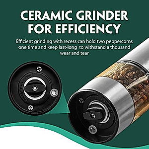 Electric Salt and Pepper Grinder Set - Kitexpert Battery Operated Pepper Mill with Light - One Handed Operation with Large Button - Up to 5 Adjustable Grinding Levels