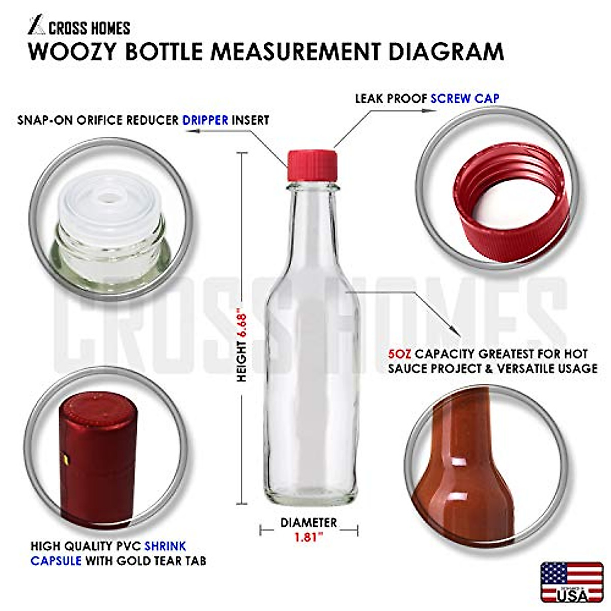 Glass Bottle, Hot Sauce Bottles Woozy bottles Empty 5 Oz 36 sets with Shrink Capsules, Printable bottle labels, mini liquor bottles, Small glass bottles sauce bottle mini wine bottles with lids RED