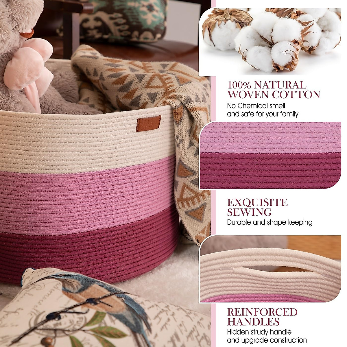 MFSTUDIO XXXLarge Woven Cotton Rope Basket, 21.7"L x 21.7"W x 13.8"H Baby Laundry Storage Basket Hamper Toy Basket with Handle, Blanket Basket for Living Room, Laundry Room, Round, Pink