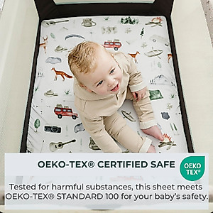 Pobibaby - 2 Pack Premium Pack N Play Sheets Fitted for Standard Pack and Plays and Mini Cribs - Ultra-Soft Cotton Blend, Stylish Woodland Pattern, Safe and Snug for Baby (Explore)