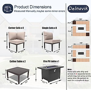 Rwnnad Modern Patio Furniture Set, 15 Pieces Modern Patio Conversation Set w/43in Gas Fire Pit Table, Outdoor Metal Sectional Sofa with Coffee Table, Sand