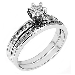 TheJewelryMaster 14k White Gold .75 Carats Round Diamond Engagement Ring Wedding Band Bridal Set