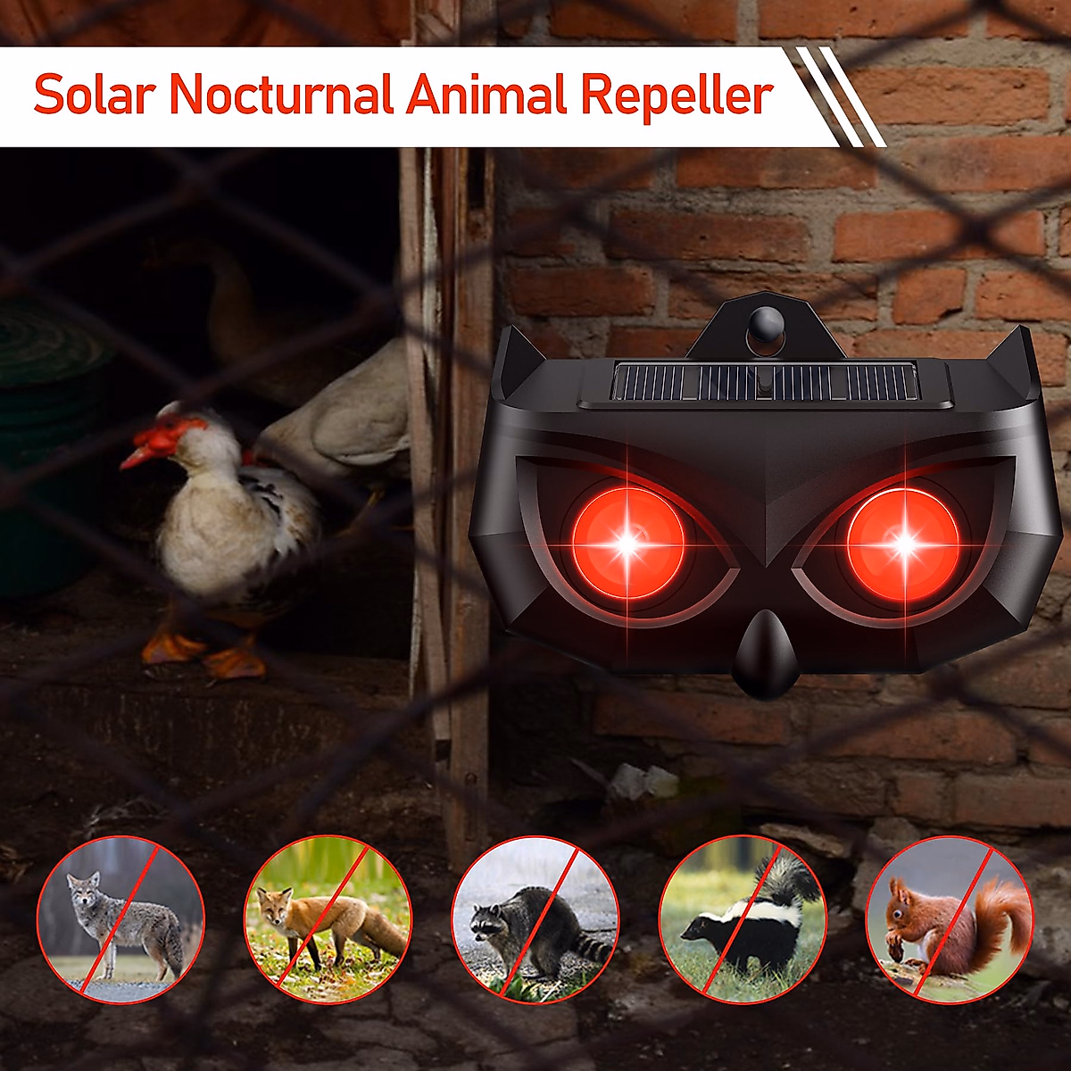 Solar Animal Repellent, Ultrasonic Animal Repeller A Wild Animal Repeller with Red Eyes That are LEDs, This is a Waterproof Device That Scare Away Nocturnal Animal as Skunks Deer Coyotes and Raccoons