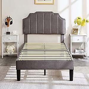VECELO Twin Size Bed Frame Upholstered Platform with Tufted Adjustable Headboard/Mattress Foundation with Wood Slat Support, Easy Assembly,Dark Grey