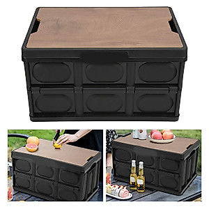 Folding Storage Box with Wooden Cover, 30L Collapsible Storage Bins with Lid, Camping Storage Container for Camping, Car Storage, Home Sorting (42x28.5x23.5cm/16.5x11.2x3 Inch)(Black)