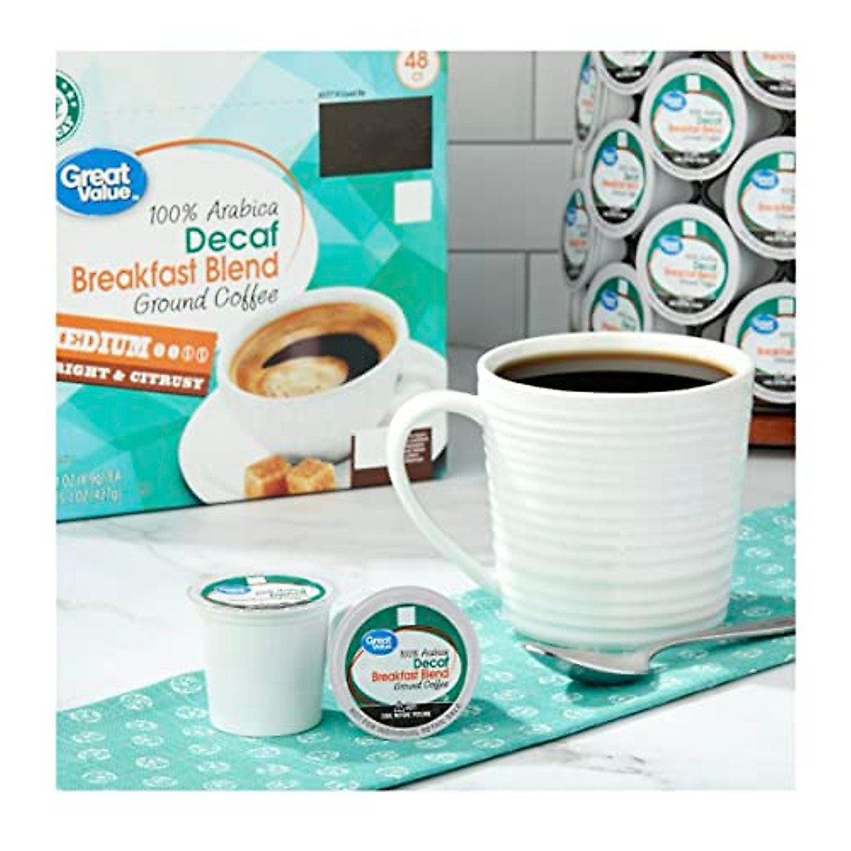 Great Value Decaf Breakfast Blend Ground Coffee Single Serve Cups, Medium Roast, 15.1 oz, 48 Count