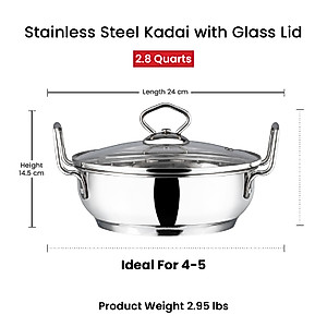 Vinod Cookware Induction Friendly Kadai With Lid Silver 3.4 Litres, Stainless Steel, IKD 24