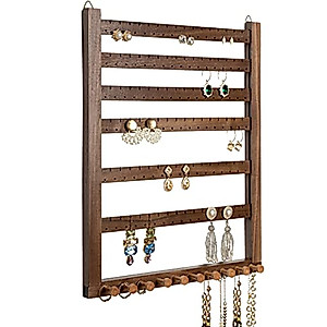 Mymazn Easy Assemble Solid Walnut Wood Earring Wall Holder Hanging Jewelry Organizer Necklace Holder Earring Hanger Wall Mount Jewelry Organizer for Necklaces Rings Scruncies Organization