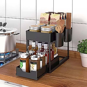 LONONE Black Under Sink Organizer Metal Under Sink Organizers and Storage 2 Tier Sliding Cabinet Organizer Pull Out Shelves Under Kitchen Sink