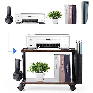 Printer Stand with Storage Bag Under Desk Printer Table on Wheels 2 Tier Small Desktop Rolling Stand Shelf for Fax Machine Scanner Files (Brown)