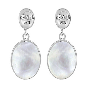 Classy Oval White Mother of Pearl Inlay .925 Sterling Silver Post Drop Dangle Earrings, 0.55x1.34 inch | Elegant Earrings | Pearl Fashion for Women