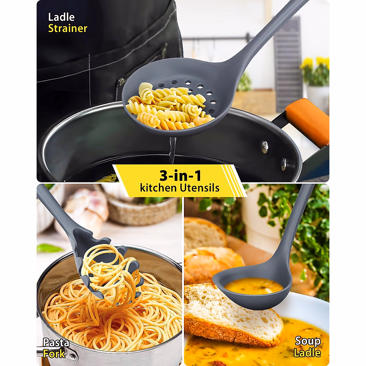 3 Pcs Silicone Kitchen Utensils Set, Soup Ladle-Pasta Fork-Slottede Spoon, Nonstick BPA Free High Heat Resistant Cooking Utensils for Mixing, Serving, Draining, Turning, Stirring