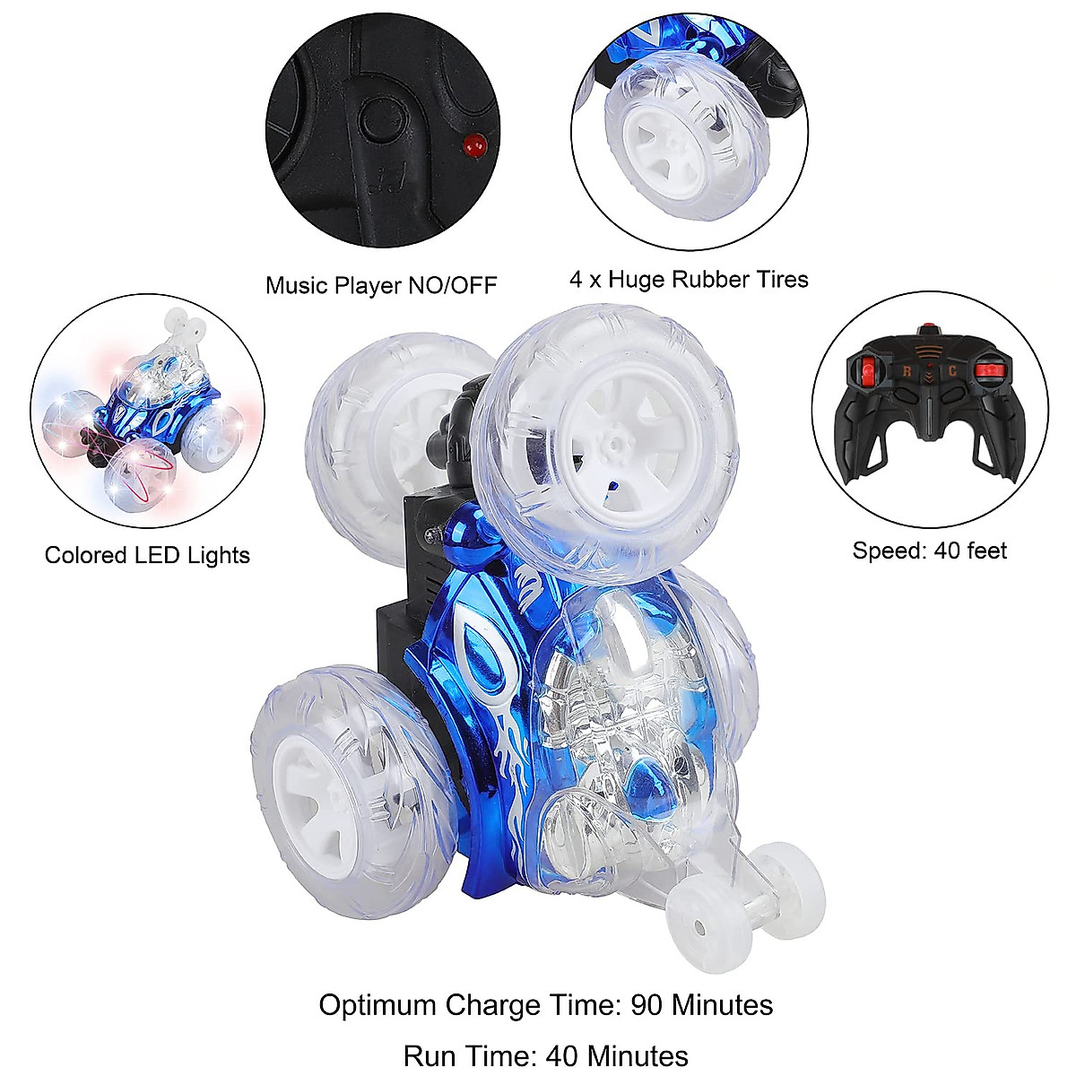 abandon Remote Control Car, RC Stunt Car 360° Spins & Flips with Colorful Lights & Music Switch, Rechargeable Remote Control Car Toy Christmas and Birthday Gift for Kids, Boys and Girls (Bule)