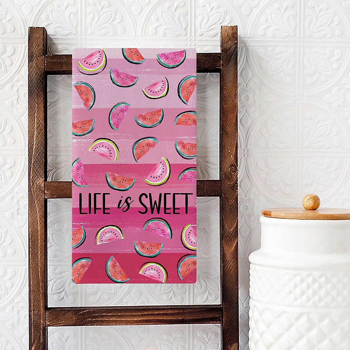 Seliem Summer Life is Sweet Watermelon Kitchen Dish Towel Set of 2, Red Pink Stripes Hand Towel Drying Baking Cooking Cloth, Spring Seasonal Farmhouse Home Kitchen Decor 18x26 Inch