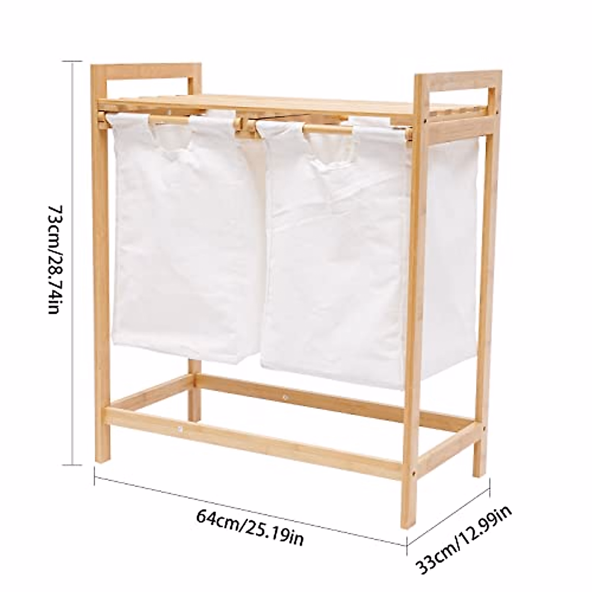 Bamboo Laundry Hamper with Dual Compartments,2 Section Floor Stand Bathroom Storage Shelf Cabinet with Removable Sliding Bags & Shelf Large Freestanding Portable Laundry Basket Hamper Organizer