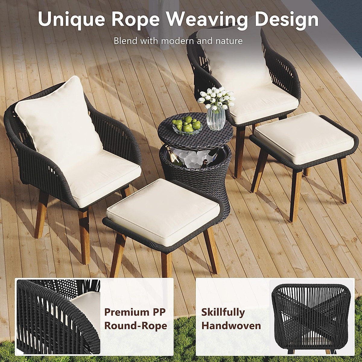 LUMISOL 5 Piece Patio Furniture Chair Sets with Wicker Cool Bar Table and Ottomans, Patio Conversation Set, Outdoor Furniture Bistro Sets for Porch Backyard Balcony Poolside, Beige&Black