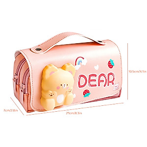 FEWOFJ Cute Bear Pencil Case for Kids,Kawaii Girls Pencil Pouch with Compartments,Stress Release Pencil Bag for Elementary Students(Pink)