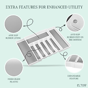 ELTOW Expandable In Drawer Silverware Organizer - Kitchen Storage Silverware Tray For Flatware – Cutlery Holder With 8 Compartments - Multipurpose Organizer Tray For Kitchen & Office Supplies - White