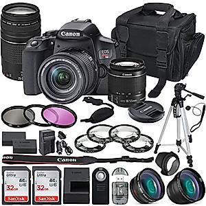 Canon EOS Rebel T8i DSLR Camera with 18-55mm & 75-300mm Lens Bundle + 2X 32GB Sandisk Memory + Accessory Bundle Including Auxiliary Lenses, Tripod, Camera case, Filters, Close Ups & More (Renewed)