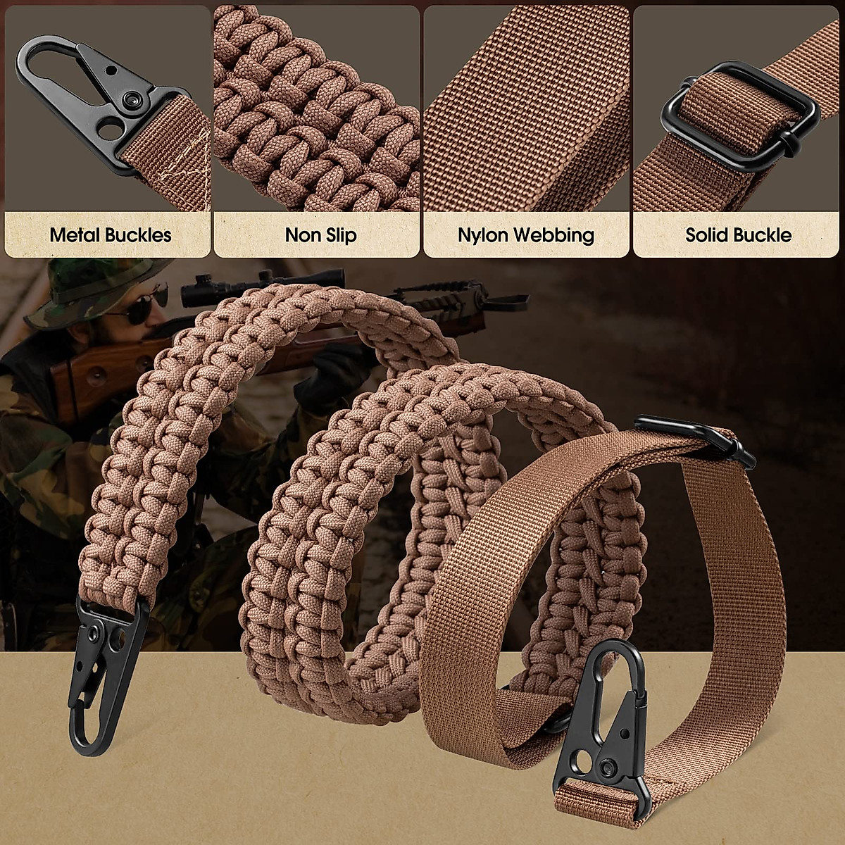 VVAAGG 2 Point QD Sling Adjustable 550 Paracord Sling with Metal Hook and QD Sling Swivels for Hunting (Tan)
