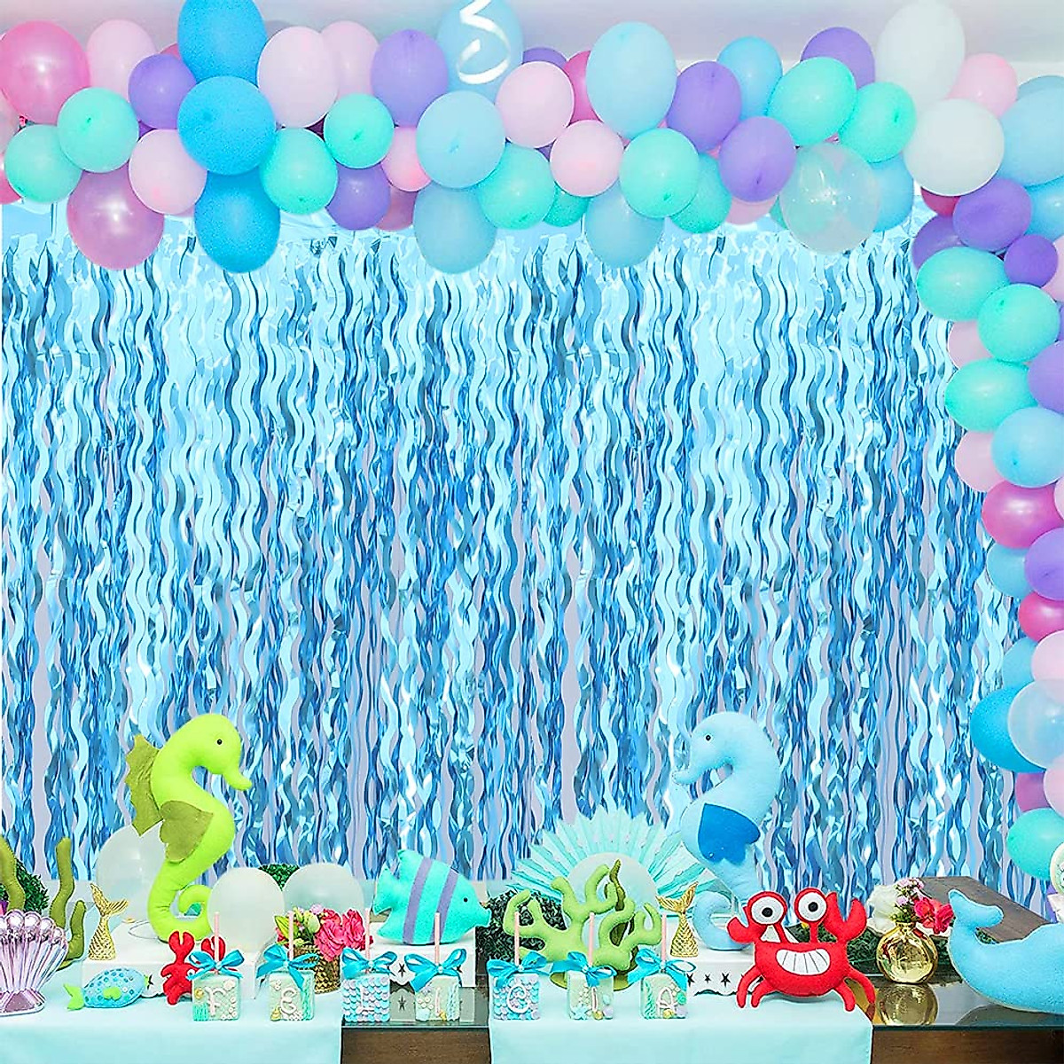 Wavy Tinsel Foil Fringe Curtain Photo Booth Props for Mermaid Birthday Under The Sea Party Decorations (3 Pack 3.2 ft X 6.6 ft Teal Blue)