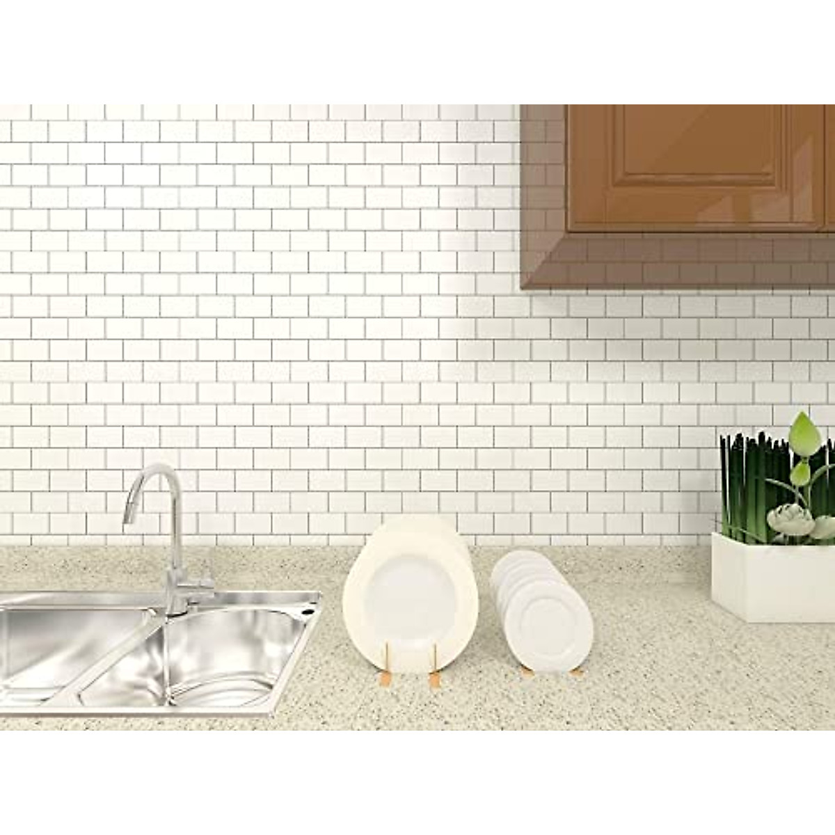 LONGKING 10-Sheet Peel and Stick Tile for Kitchen Backsplash, 12x12 inches Off White Subway Tile with Grey Grout