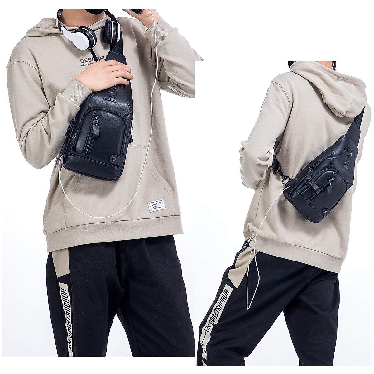 BULLCAPTAIN Men Sling Crossbody Bag with USB Charging Port Genuine Leather Shoulder Chest Bag Travel Hiking Backpack (Black)