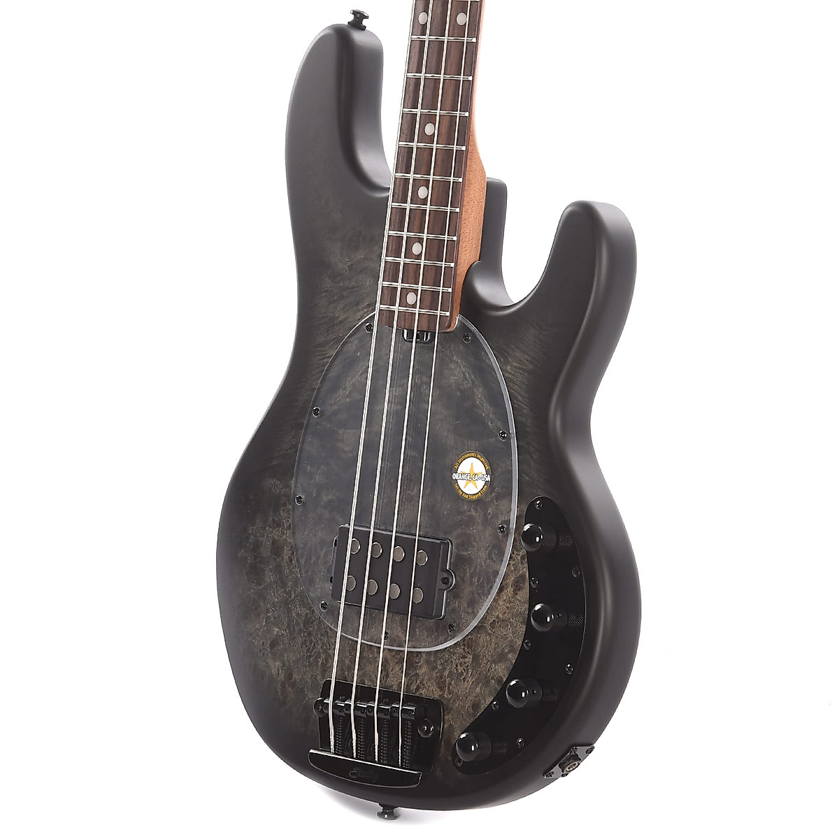 Sterling By MusicMan 4 String Bass Guitar, Right, Poplar Burl, Trans Black Satin (RAY34PB-TBKS-R2)