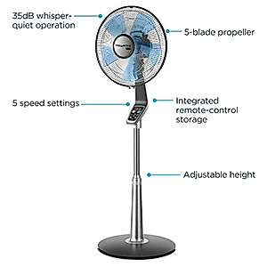 Rowenta Turbo Silence Standing Floor Fan with Remote 53 Inches Ultra Quiet Fan Oscillating, Portable, 5 Speeds, Indoor, Refresh Up to 23-Feet VU5670,Silver