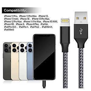 3 Pack 6 FT iPhone Charger Cable [Apple Mfi-Certified] Lightning Cable Nylon Braided High Speed USB Fast Charging Cord Compatible with iPhone 14/13 Pro Max/12/11/XS/XR/X/8 plus/7/6/5/iPad（Gray Black）