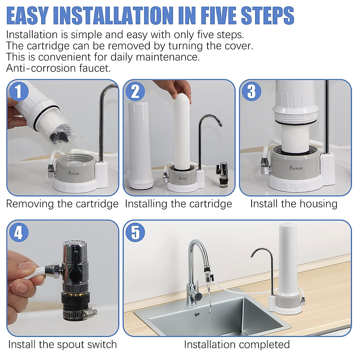 RUN.SE Countertop Water Filter System, Easy Install Water puriter, Sink Water Faucet, Alkaline Material Filter Machine (1 Filter Included)
