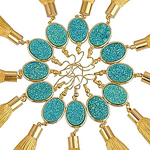 SUNYIK Bohemia Crystal Druzy Dangle Earrings for Women,with Thread Tassel,Oval Teal Blue