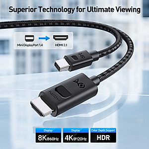 Cable Matters 8K Mini DisplayPort 1.4 to HDMI 2.1 Cable - 6ft / 1.8m, with 4K 240Hz / 8K 60Hz, Unidirectional Mini Display Port to HDMI 2.1 Cable, Black