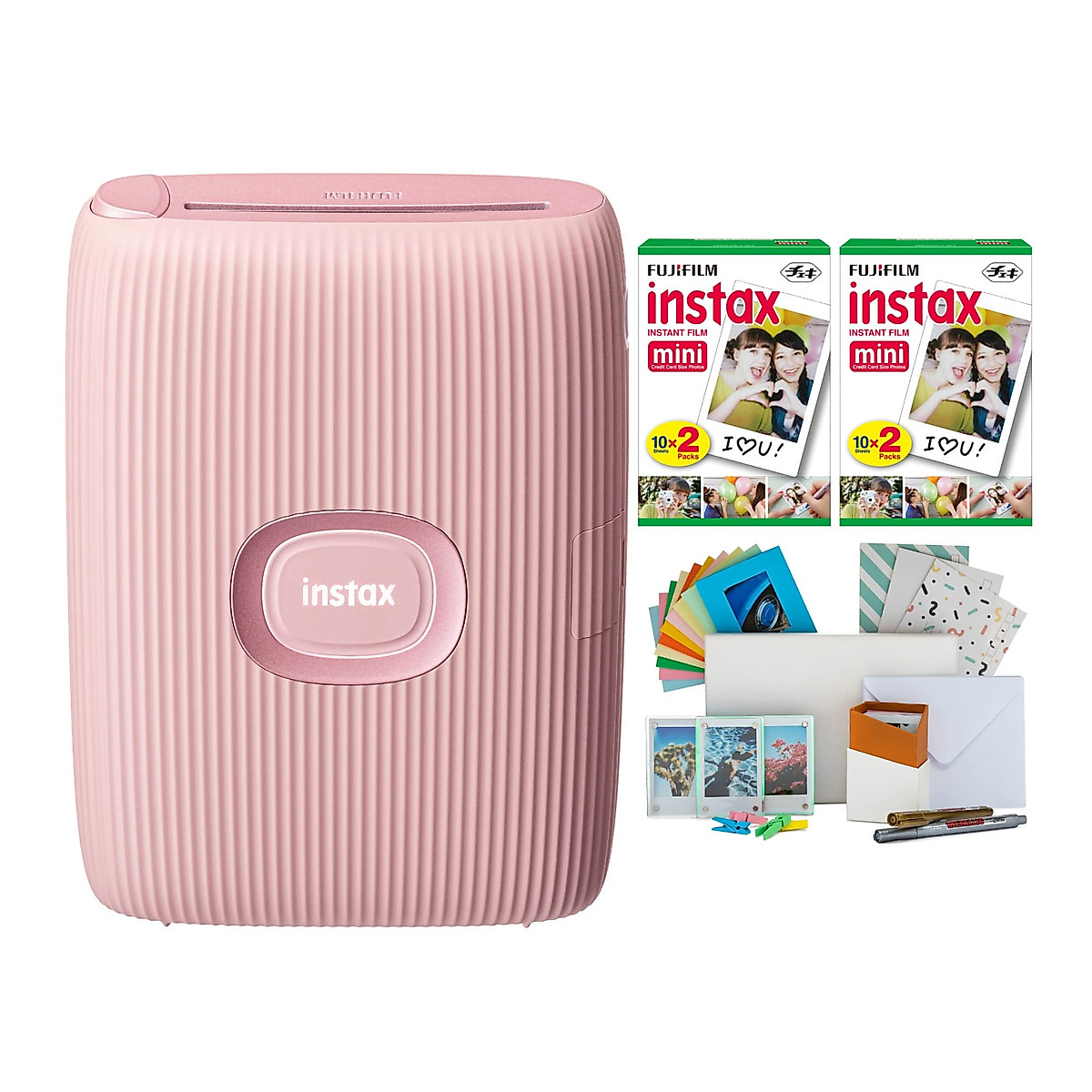 Fujifilm Instax Mini Link2 Instant Smartphone Printer (Soft Pink) Bundle with Instax Mini Twin Film Pack (2-Pack) and Instax Film Kit (4 Items)